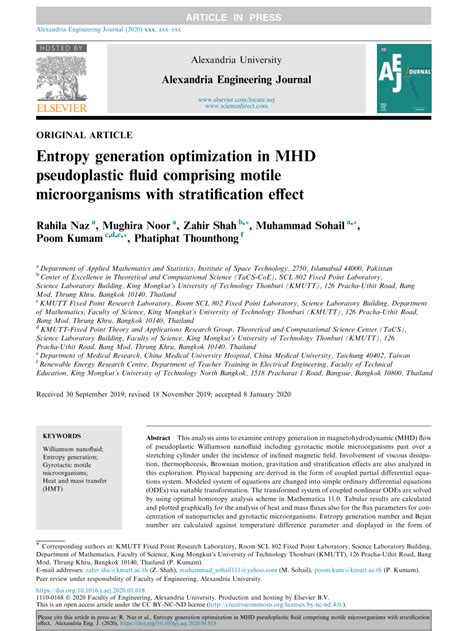 Pdf Entropy Generation Optimization In Mhd Pseudoplastic Fluid Comprising Motile