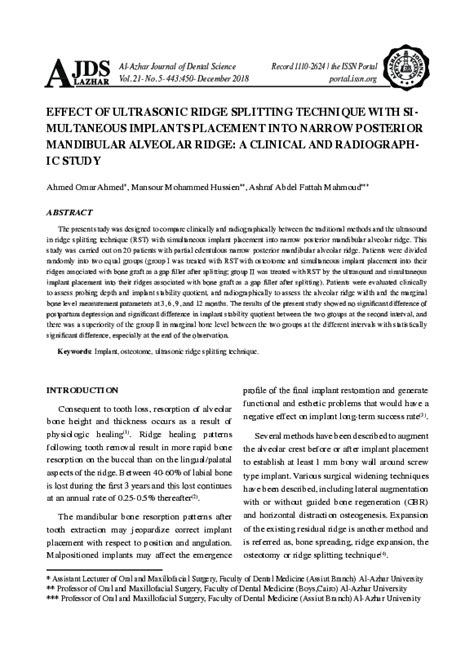 Pdf Effect Of Ultrasonic Ridge Splitting Technique With Simultaneous Implants Placement Into