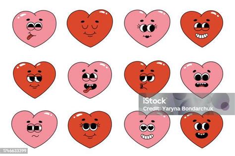그루비 히피 하트 세트 발렌타인 데이 디자인을 위한 트렌디한 복고풍 스타일의 만화 캐릭터 0명에 대한 스톡 벡터 아트 및 기타 이미지 0명 1960 1969 년