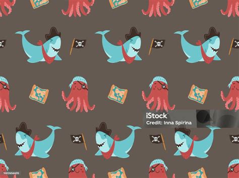 귀여운 상어와 문어 해적 벡터 원활한 패턴 보물지도와 두개골과 십자뼈가있는 깃발 직물 및 아기 용품을위한 그래픽 인쇄 0명에 대한 스톡 벡터 아트 및 기타 이미지 Istock