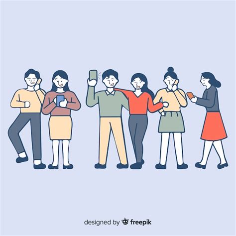 한국 그리기 스타일에서 스마트 폰을 들고 젊은 사람들 무료 벡터