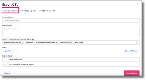 exporting multiple business process or data inventory records in a customized csv file format