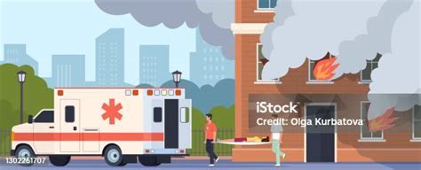 응급 처치 구급대원 여단은 들것에 여자를 수행 사람들은 불타는 건물에서 일산화탄소 질식으로 고통받고 있습니다 의사는 화재 벡터 일러스트의 피해자를 치료 태우기에 대한 스톡