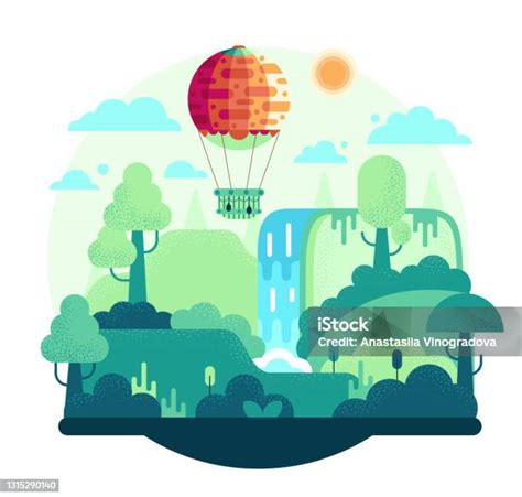 열기구는 폭포와 숲을 통해 비행 녹색 색상의 벡터 만화 평면 그림 구름에 대한 스톡 벡터 아트 및 기타 이미지 구름 도시 벡터 Istock