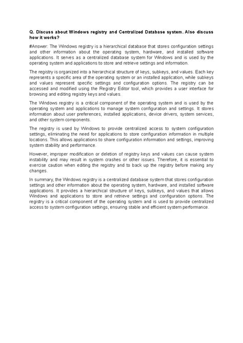 Operating Systems Exam Question 3 Q Discuss About Windows Registry And Centralized Database