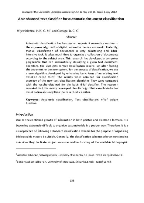 Pdf An Enhanced Text Classifier For Automatic Document Classification