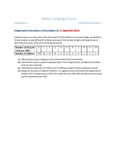 Assignment 02 Mh4511 Sampling And Survey Assignment 2 Ay202425 Semester 1 Please Submit The