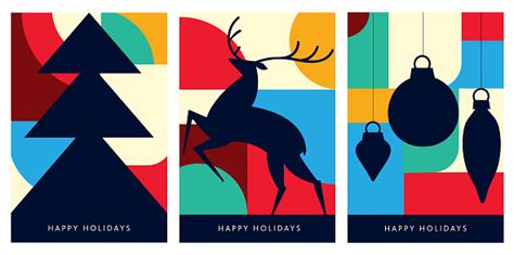 해피 홀리데이 인사말 추상 기하학적 다채로운 모자이크 인사말 카드 플랫 디자인 템플릿 나무 사슴 및 장식품 크리스마스에 대한 스톡 벡터 아트 및 기타 이미지 Istock