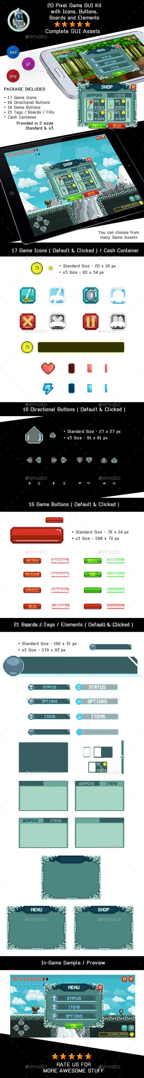 2d pixel game gui kit with icons buttons boards and more game gui