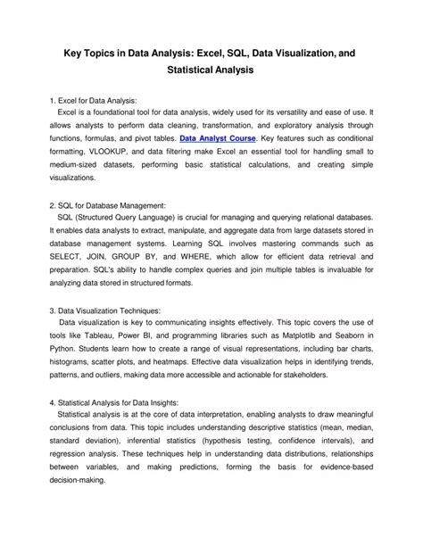 Ppt Key Topics In Data Analysis Excel Sql Data Visualization And