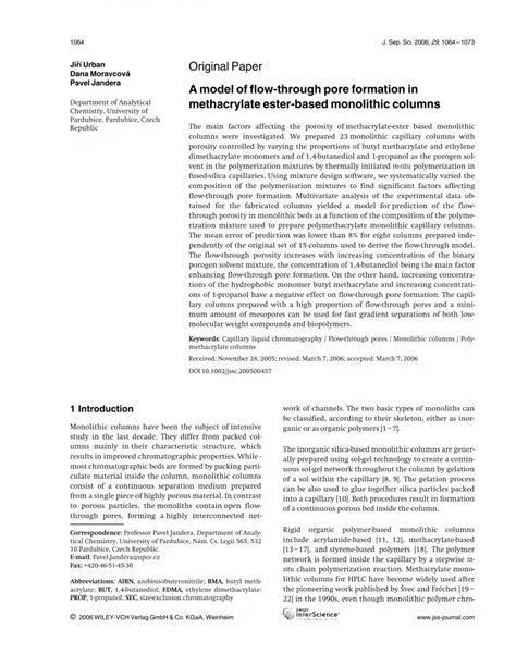 Pdf A Model Of Flow Through Pore Formation In Methacrylate Ester Based Monolithic Columns