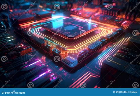 Supercomputer Cpu And Gpu Circuits Mother Board Interconnection With Neon Glowing Light Stock