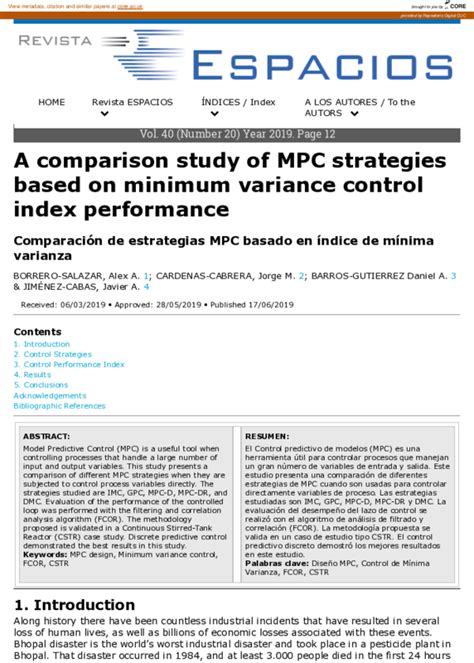 Pdf Comparación De Estrategias Mpc Basado En índice De Mínima Varianza