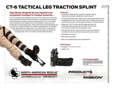 Ct 6 Tactical Leg Traction Splint Product Information Sheet North American Rescue