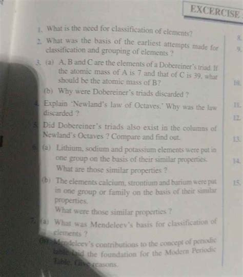 Excercise1 What Is The Need For Classification Of Elements2 What Was
