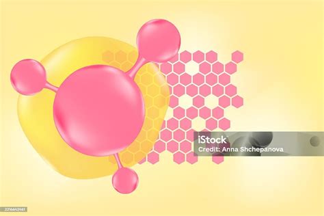 골드 허니 세럼 콜라겐 핑크 3d 분자 펩타이드 또는 히알루 론산 핑크 벌집 질감의 비타민 솔루션 콤플렉스 뷰티 트리트먼트를 위한 노란색 빛나는 수채화 그라디언트 배경