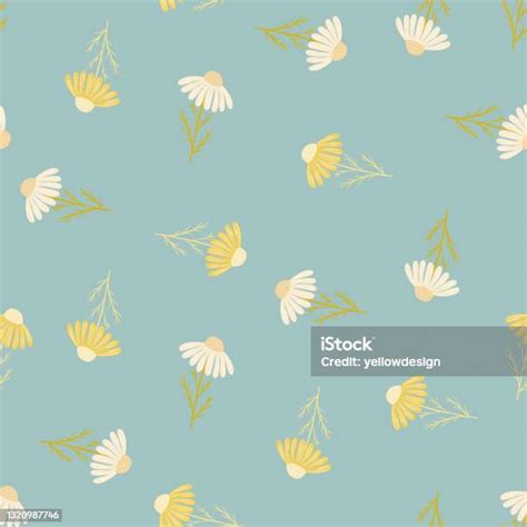 빈티지 스타일의 매끄러운 패턴랜덤 화이트와 옐로우 카모마일 꽃 프린트 파란색 배경입니다 가능성에 대한 스톡 벡터 아트 및 기타 이미지 가능성 개화기 고풍스런 Istock