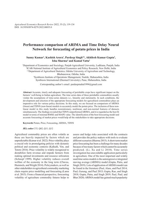 Pdf Performance Comparison Of Arima And Time Delay Neural Network For Forecasting Of Potato