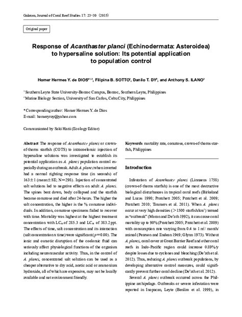 Pdf Response Of Acanthaster Planci Echinodermata Asteroidea To Hypersaline Solution Its
