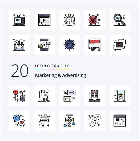 premium vector 20 marketing and advertising line filled color icon