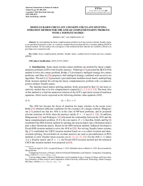 Pdf Modulus Based Circulant And Skew Circulant Splitting Iteration Method For The Linear