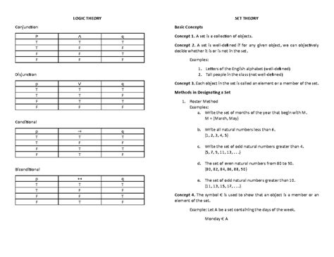 Logic And Set Theory Handout LOGIC THEORY Conjunction P Q T T T T F F F F T F F F