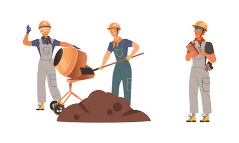 남자 빌더 캐릭터 혼합 콘크리트 또는 시멘트와 누워 벽돌 벡터 세트 개발에 대한 스톡 벡터 아트 및 기타 이미지 개발 건설