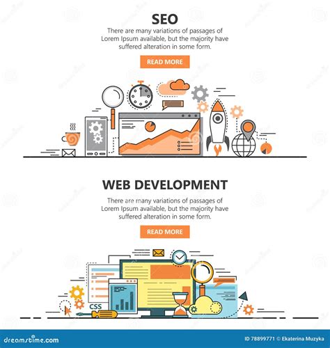 Search Engine Optimization And Web Development Flat Thin Line Design Banners Vector Concept