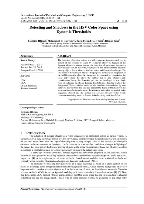 Pdf Detecting And Shadows In The Hsv Color Space Using Dynamic Thresholds