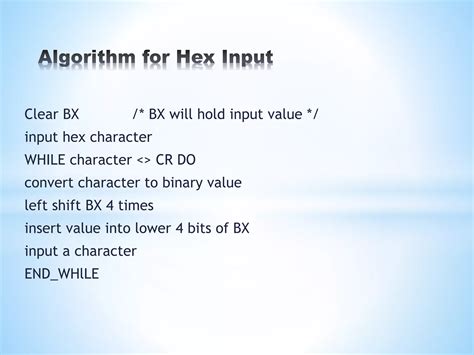 Binary And Hex Inputoutput In 8086 Assembuly Langyage Pptx Binary And Hex Inputoutput In 8086 Assembuly Langyage Pptx