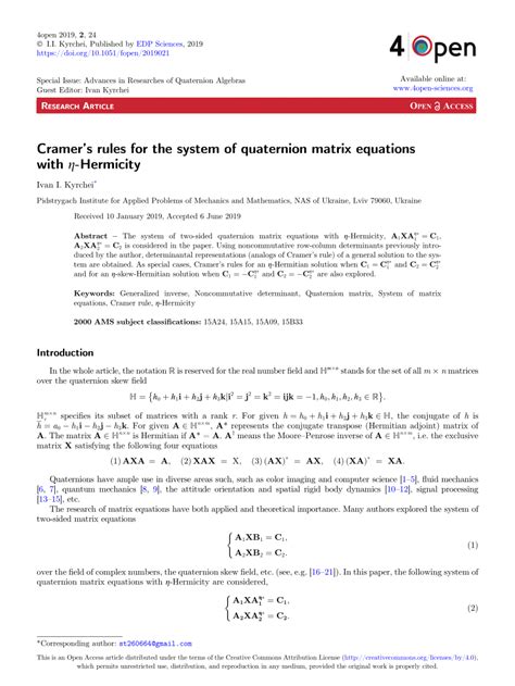 Pdf Cramers Rules For The System Of Quaternion Matrix Equations With