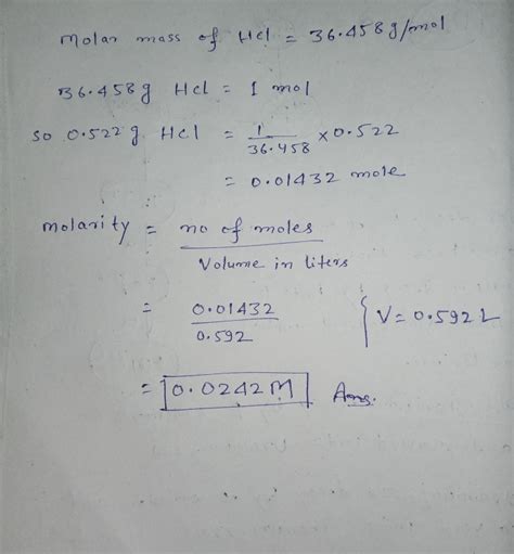 [solved] Calculate The Molarity M Of A Hcl Solution Which Contains 0 522g Course Hero