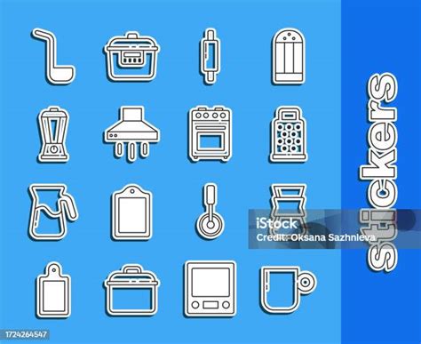 세트 라인 커피 컵 터크 강판 롤링 핀 주방 추출기 팬 블렌더 국자 및 오븐 아이콘 벡터 기체 물리 구조에 대한 스톡 벡터 아트