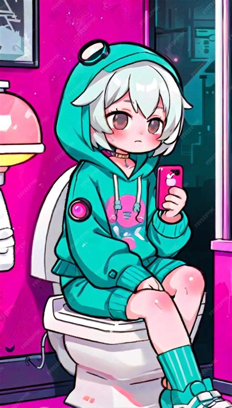 Premium Photo Anime Girl Sitting On Toilet With Phone In Hand In Bathroom