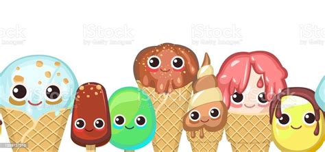 컬러 아이스크림 재미있는 만화 캐릭터 수평 원활한 배경 그림 와플 컵과 원두에 크리미하고 초콜릿 스틱에 아이스캔디 유제품 및