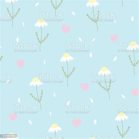 파란색 배경에 카모마일 꽃잎과 하트와 벡터 원활한 패턴 0명에 대한 스톡 벡터 아트 및 기타 이미지 0명 가리기 계절 Istock