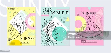 여름 파티 포스터 세트 기하학적 멤피스 스타일 유형 따옴표와 멋진 트렌디 한 전단지 여행 배너 음악 표지 패션 인쇄를위한 열대