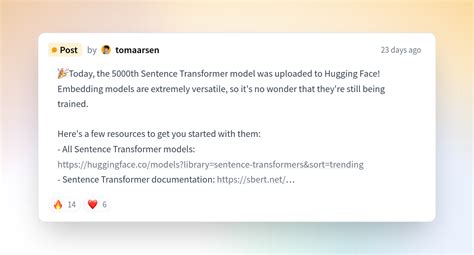 Tomaarsen On Hugging Face 🎉today The 5000th Sentence Transformer Model Was Uploaded To