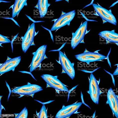 검은 색 배경에 밝은 블루 핀 참치 매끄러운 패턴 수채화 일러스트레이션 바다 물고기 직물 라벨 디자인 포장에 인쇄 0명에 대한 스톡 벡터 아트 및 기타 이미지 Istock
