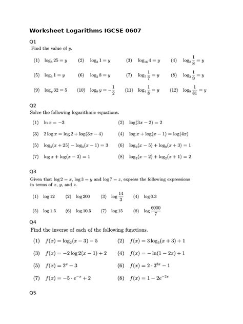 Worksheet Logarithms Igcse 0607 Pdf