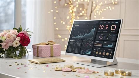 Modern Workspace Setup With Digital Data Graphs And Technological Interface Visuals Stock