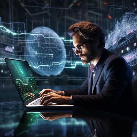 Premium Ai Image Data Scientist Programmer Using Laptop Analyzing Financial Data On Futuristic