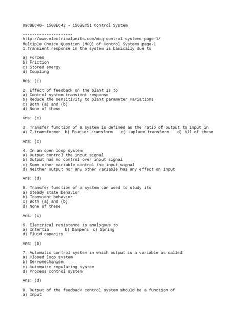 Mcq Control System 2020 Pdf Systems Theory Signal Processing