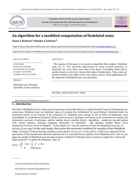 Pdf An Algorithm For A Modified Computation Of Dedekind Sums