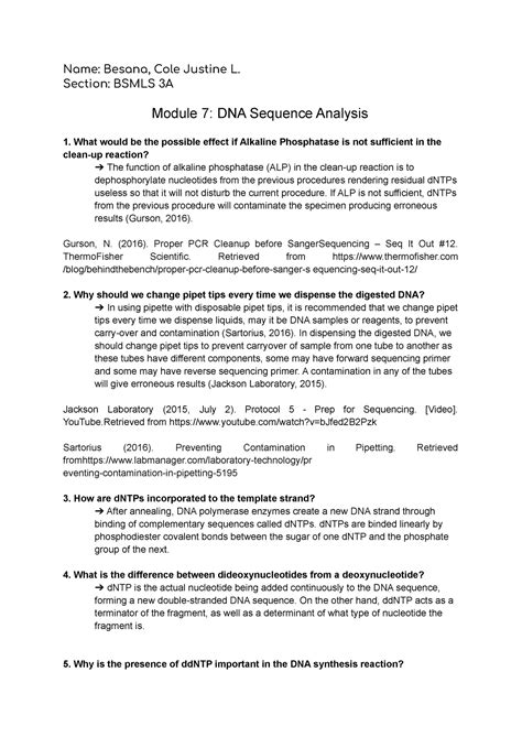 Module 7 DNA Sequence Analysis Name Besana Cole Justine L Section BSMLS 3A Module 7 DNA