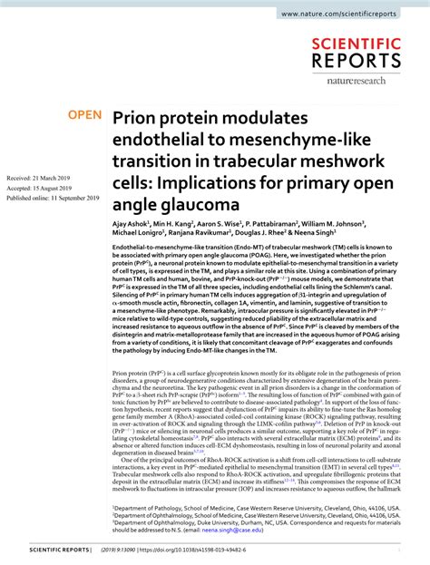 Pdf Prion Protein Modulates Endothelial To Mesenchyme Like Transition In Trabecular Meshwork