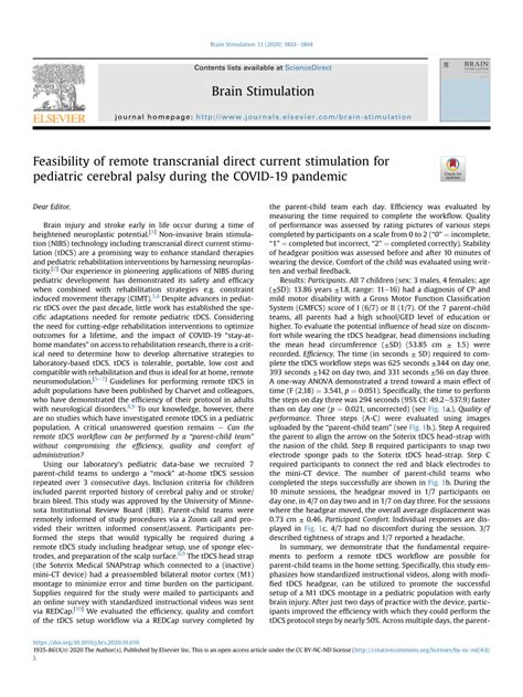 Pdf Feasibility Of Remote Transcranial Direct Current Stimulation For Pediatric Cerebral Palsy