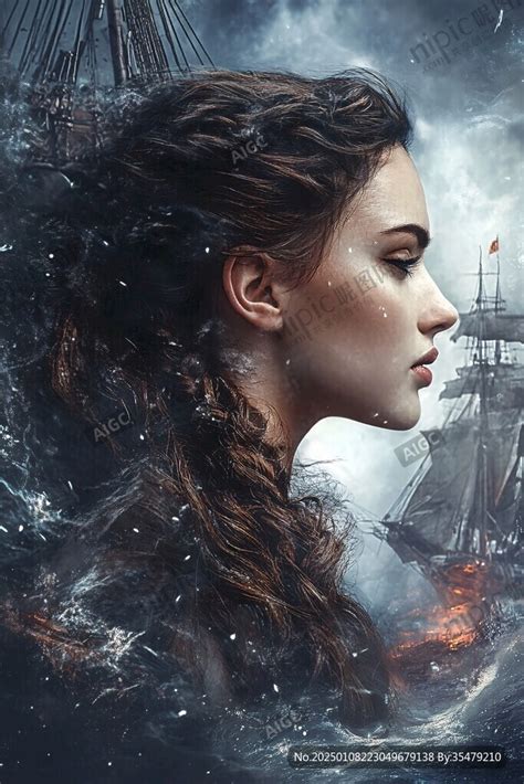 Ai创作图特效合成海报 3d合成 合成炫酷风格 数码特效后期 海报合成素材 唯美女性侧面 绚丽欧美 海报合成设计 高清合成大图 合成高清大图 美工修图 数字肖像插画 航海女神 写实人物插画