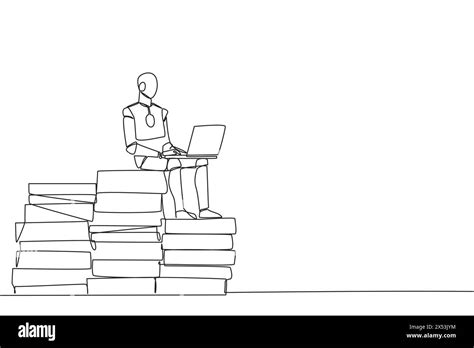 Single One Line Drawing Robotic Artificial Intelligence Sitting On Pile Of Giant Documents