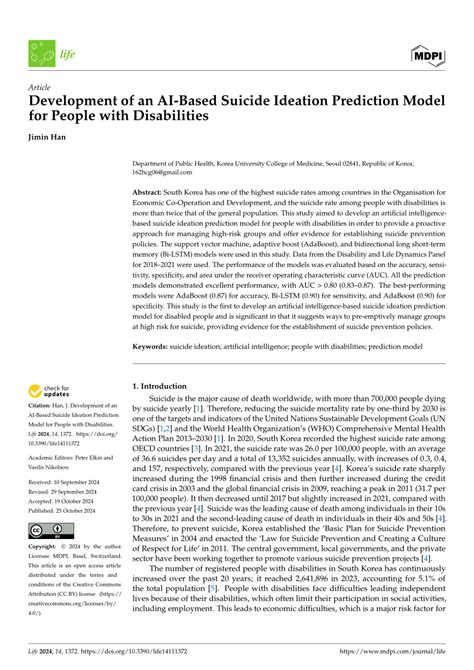 Pdf Development Of An Ai Based Suicide Ideation Prediction Model For People With Disabilities